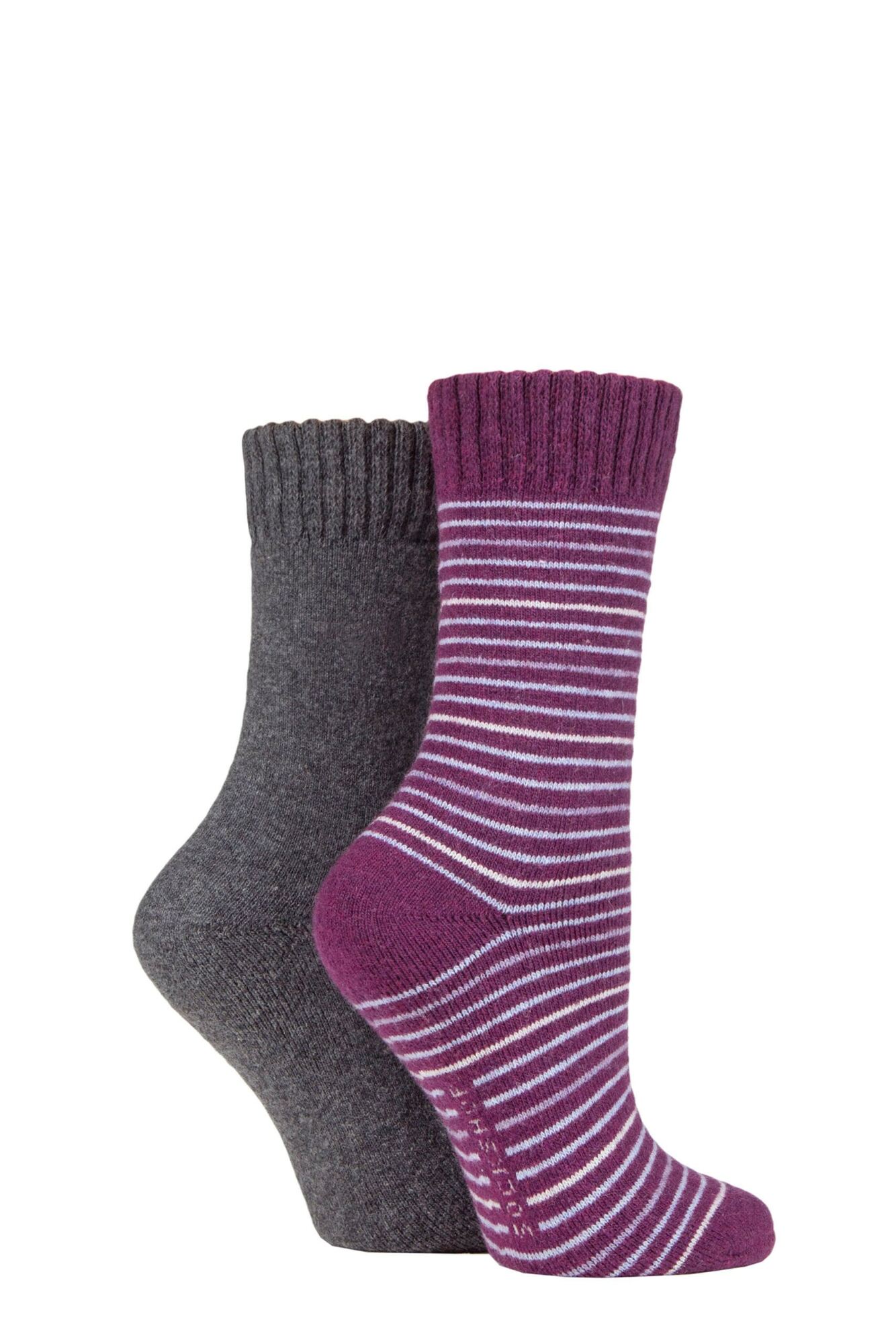Ladies 2 Pair SOCKSHOP Wool Mix Striped and Plain Boot Socks
