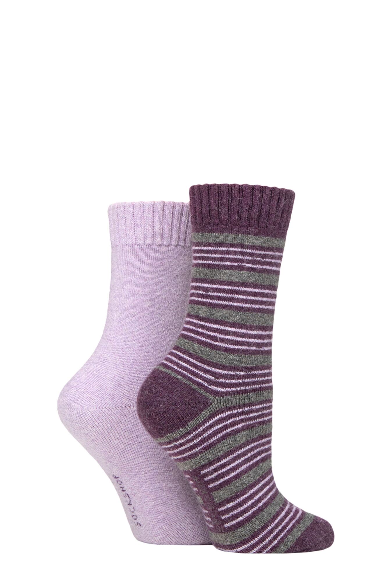 Ladies 2 Pair SOCKSHOP Wool Mix Striped and Plain Boot Socks