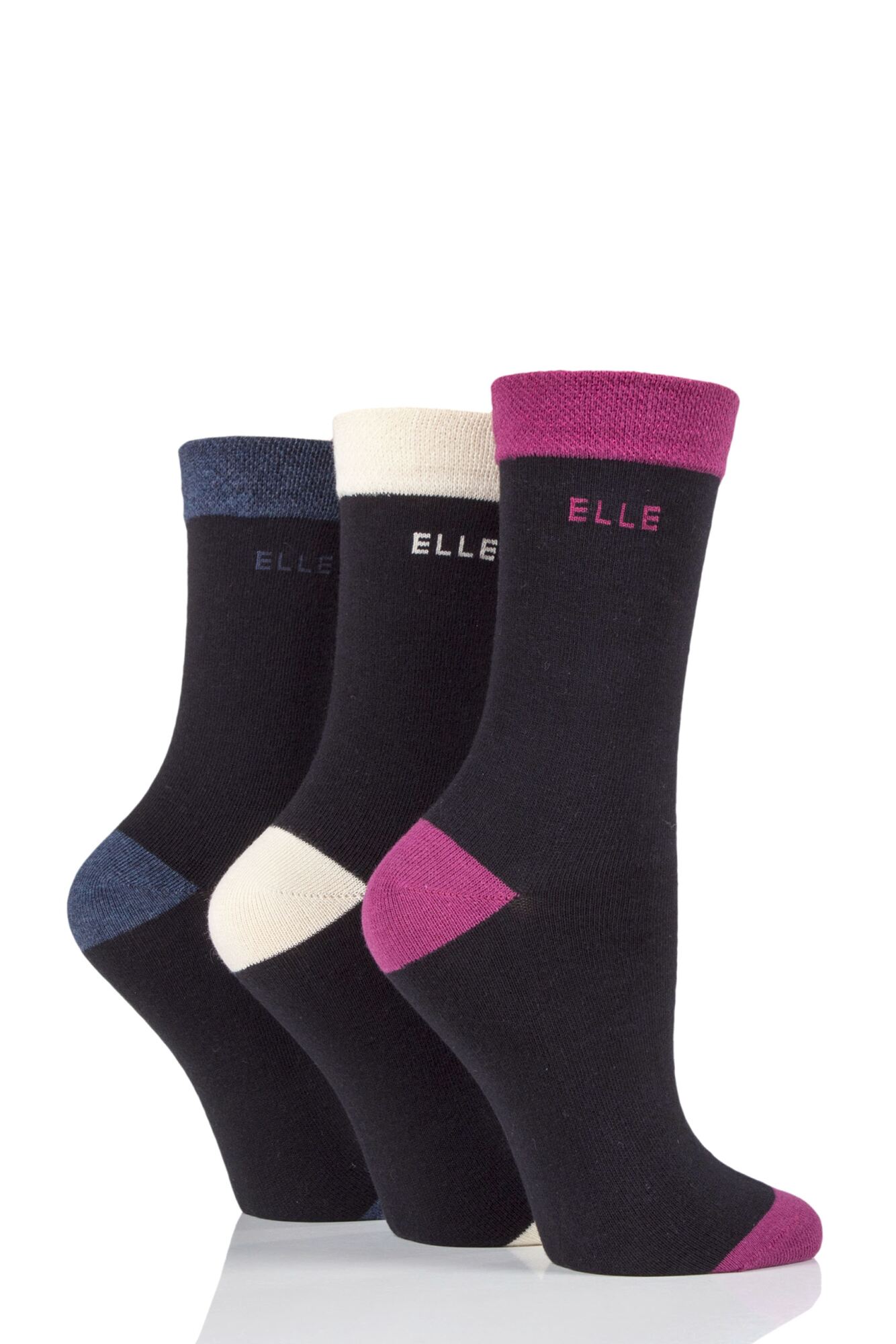 Ladies 3 Pair Elle Plain, Striped and Patterned Cotton Socks with Hand ...
