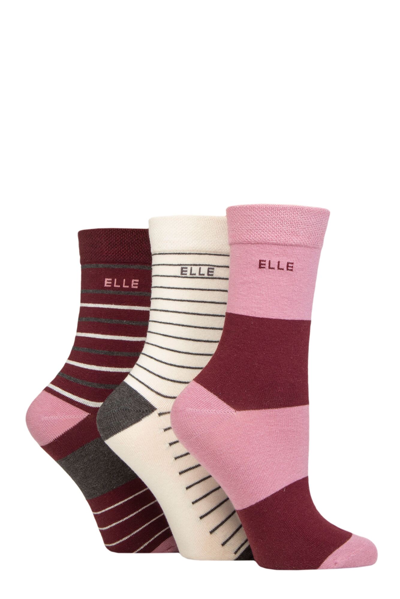 Ladies 3 Pair Elle Plain, Striped and Patterned Cotton Socks with Hand ...