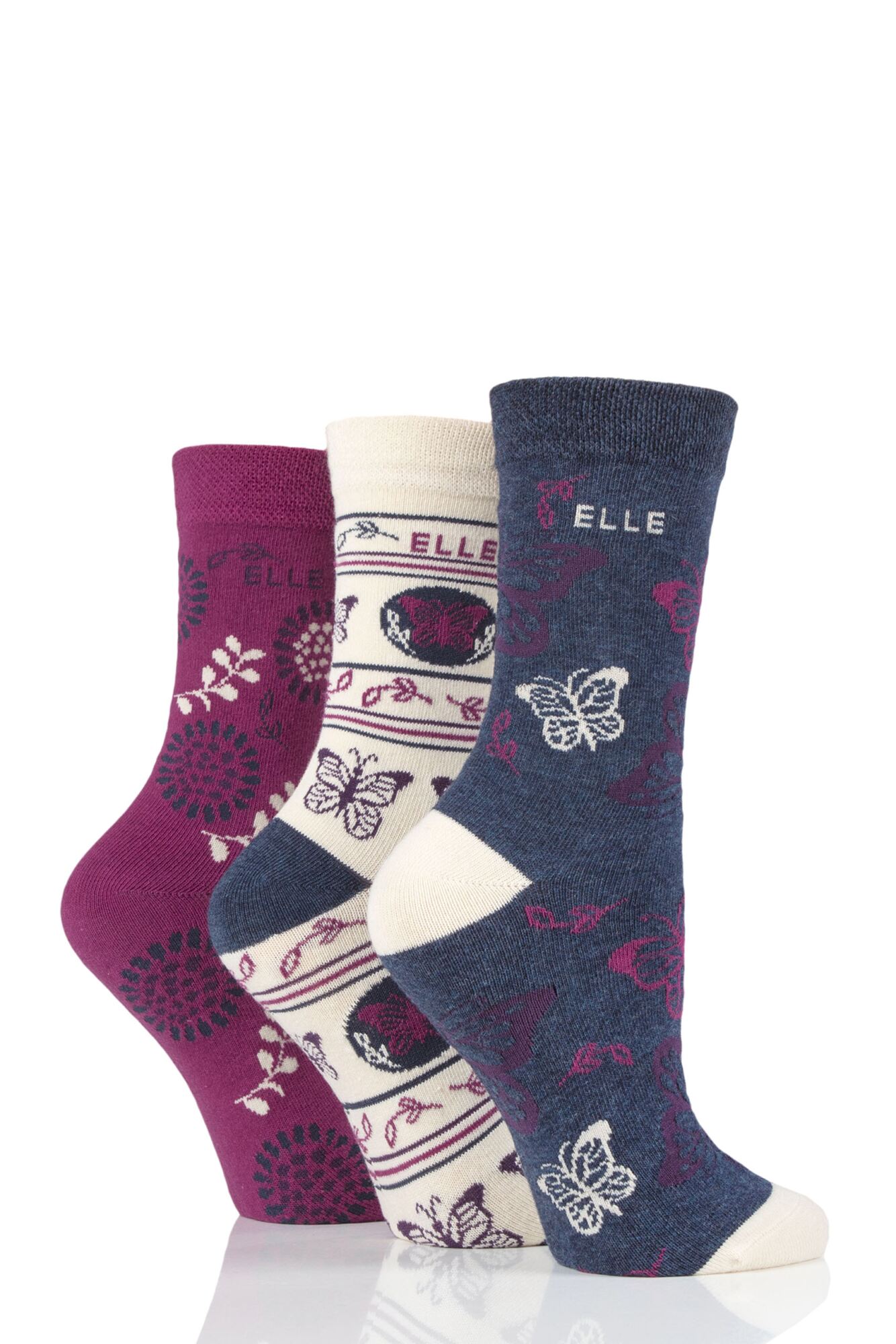 Ladies 3 Pair Elle Plain, Striped and Patterned Cotton Socks with Hand ...