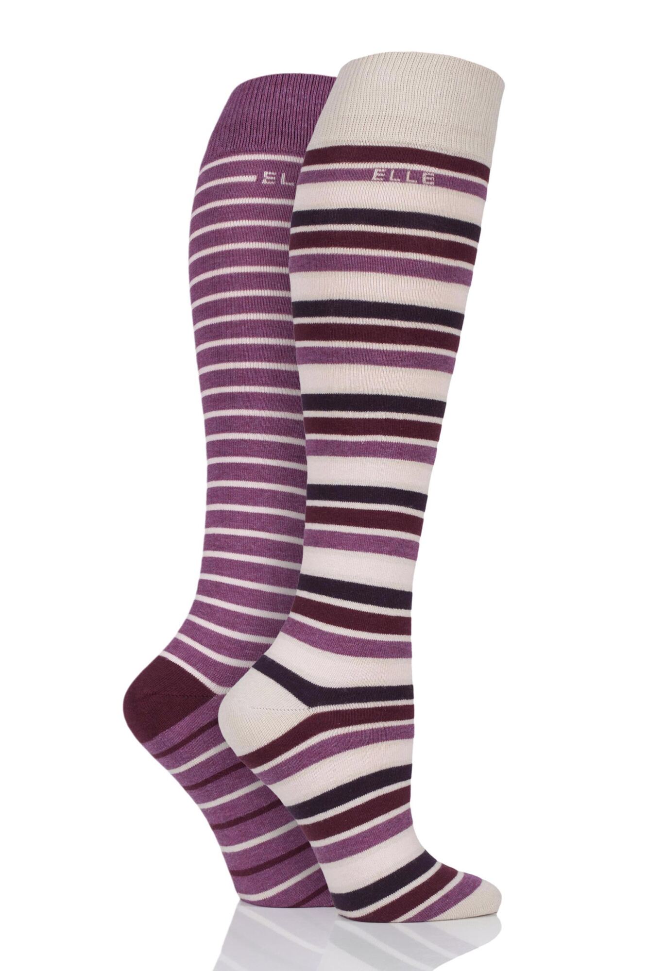 Ladies 2 Pair Elle Plain and Striped Cotton Knee Highs