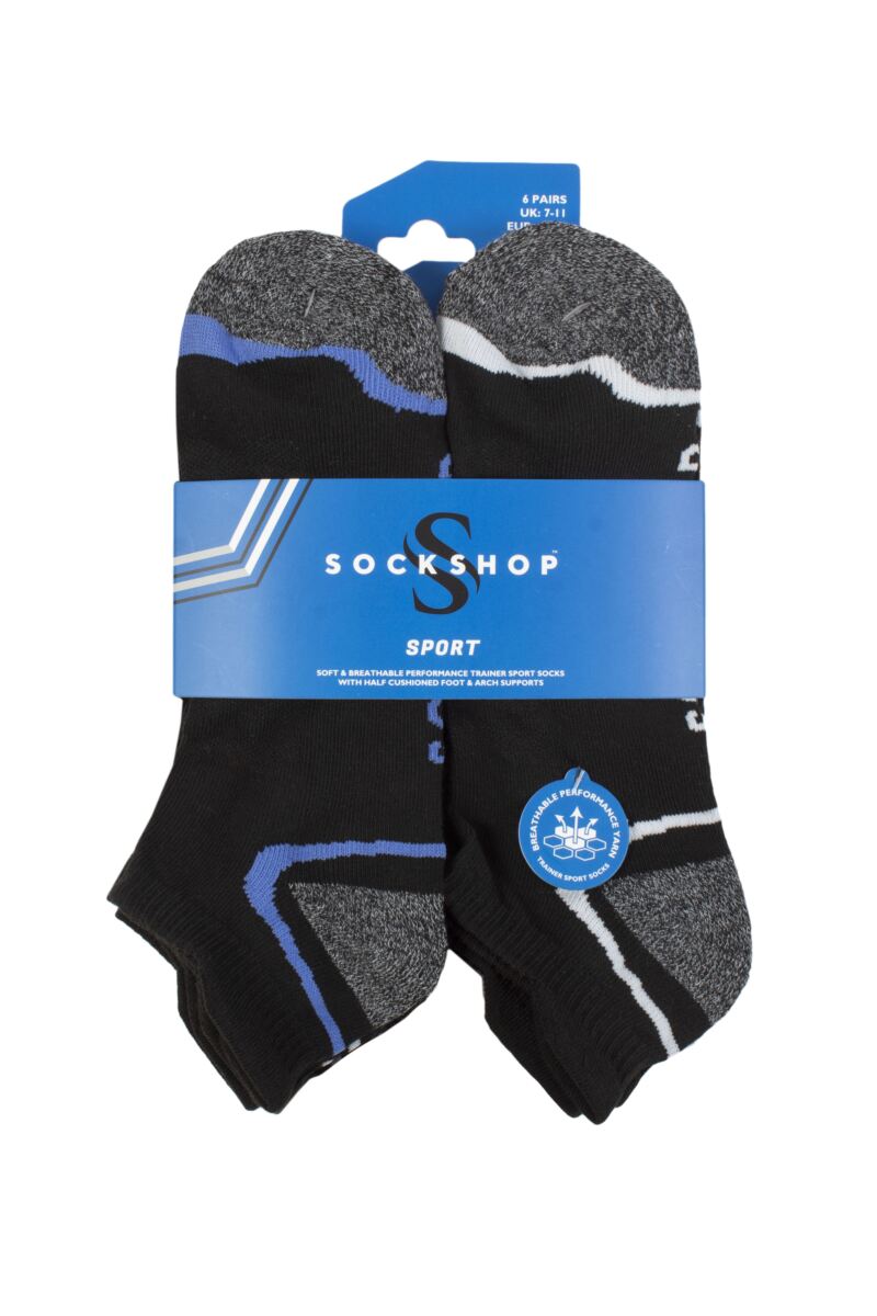 Mens 6 Pair SOCKSHOP Performance Sport Tech Half Cushioned Trainer Socks