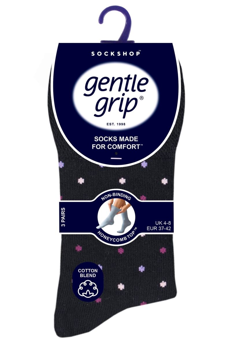 Ladies 3 Pair Gentle Grip Cotton Patterned and Striped Socks from SockShop