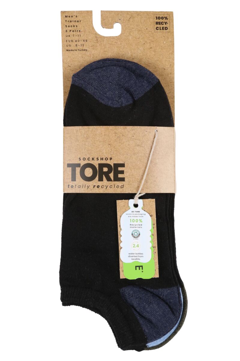 Mens 3 Pair SOCKSHOP TORE 100% Recycled Plain Cotton Trainer Socks from ...