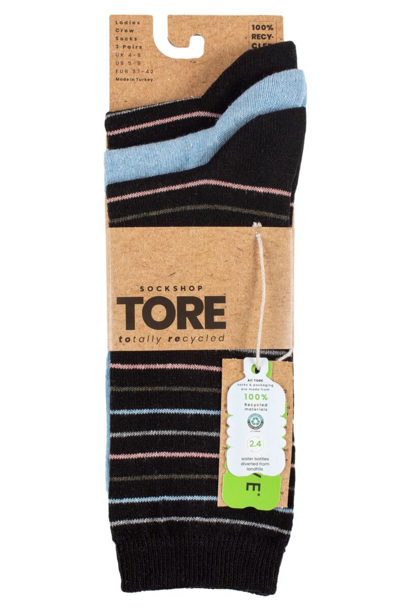Ladies 3 Pair SOCKSHOP TORE 100% Recycled Multi Stripe Cotton Socks ...