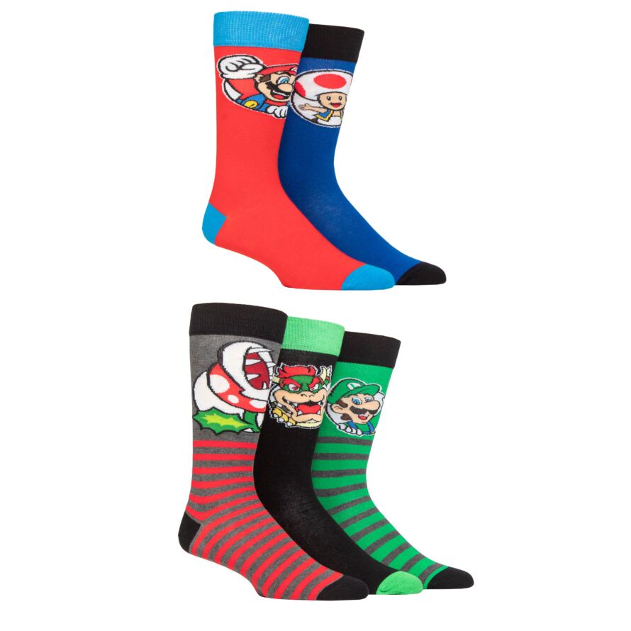 Mens Ladies and Kids SOCKSHOP 5 Pair Super Mario Character Cotton Socks