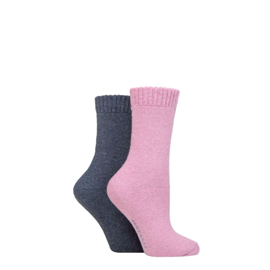 Ladies 2 Pair SOCKSHOP Wool Mix Striped and Plain Boot Socks