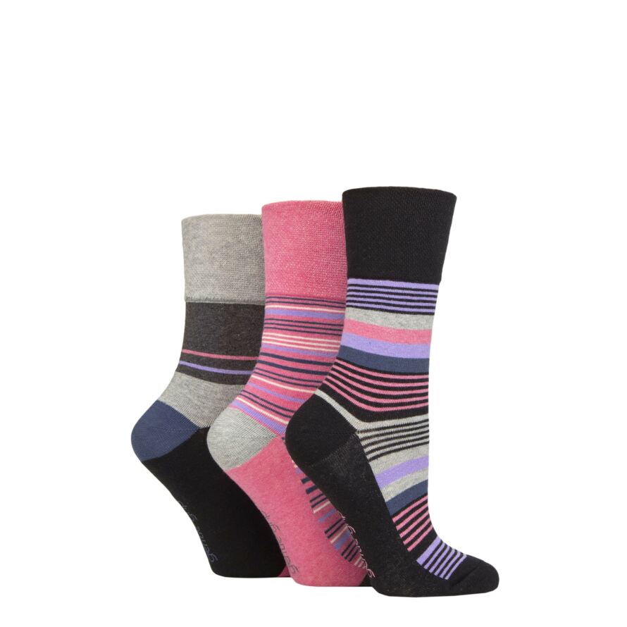 Ladies 3 Pair Gentle Grip Cotton Patterned and Striped Socks from SockShop