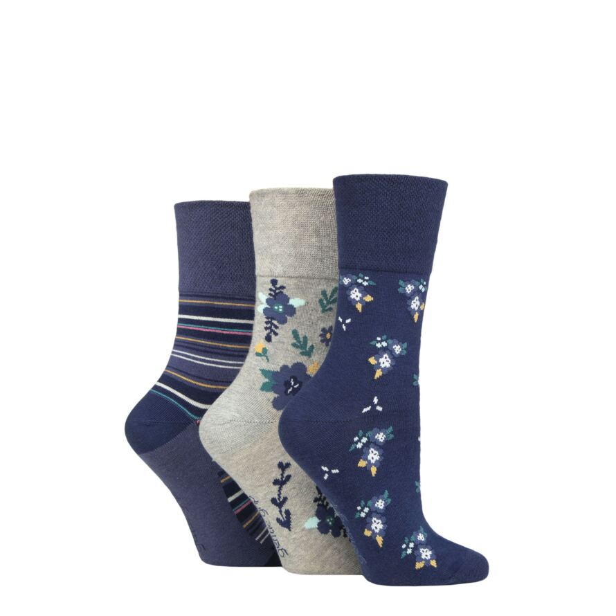 Ladies 3 Pair Gentle Grip Cotton Patterned and Striped Socks from SockShop
