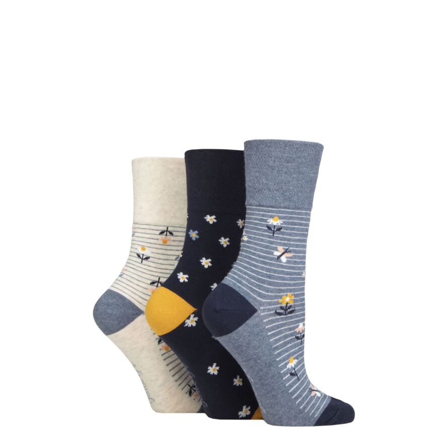 Ladies 3 Pair Gentle Grip Cotton Patterned and Striped Socks from SockShop