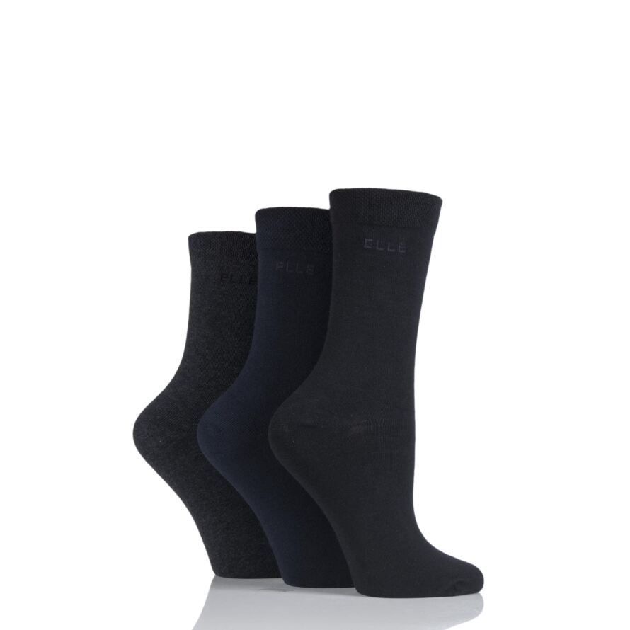 Ladies 3 Pair Elle Plain, Striped and Patterned Cotton Socks with Hand ...