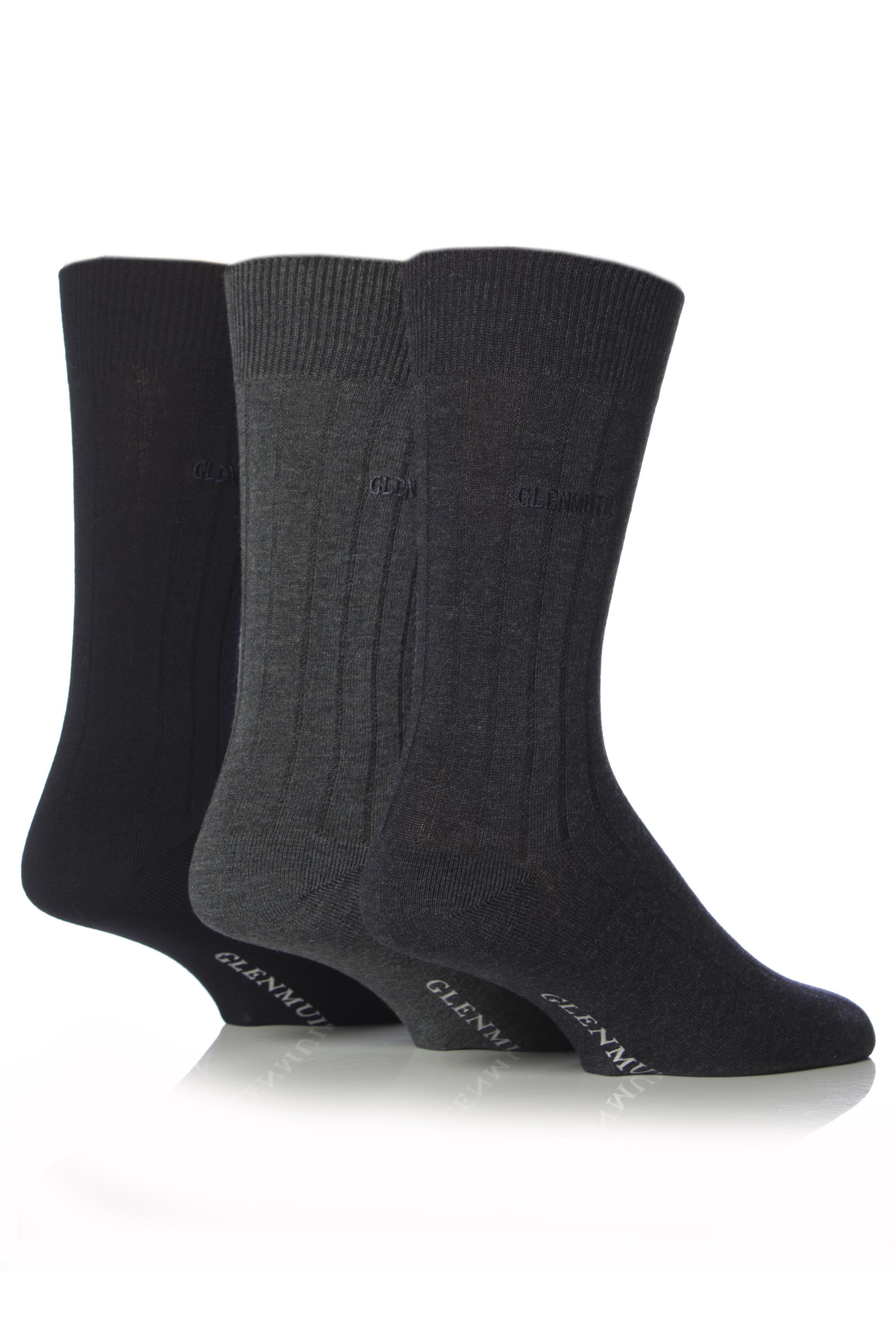 Mens 3 Pair Glenmuir Classic Bamboo Ribbed Socks In 3 Colours Black ...