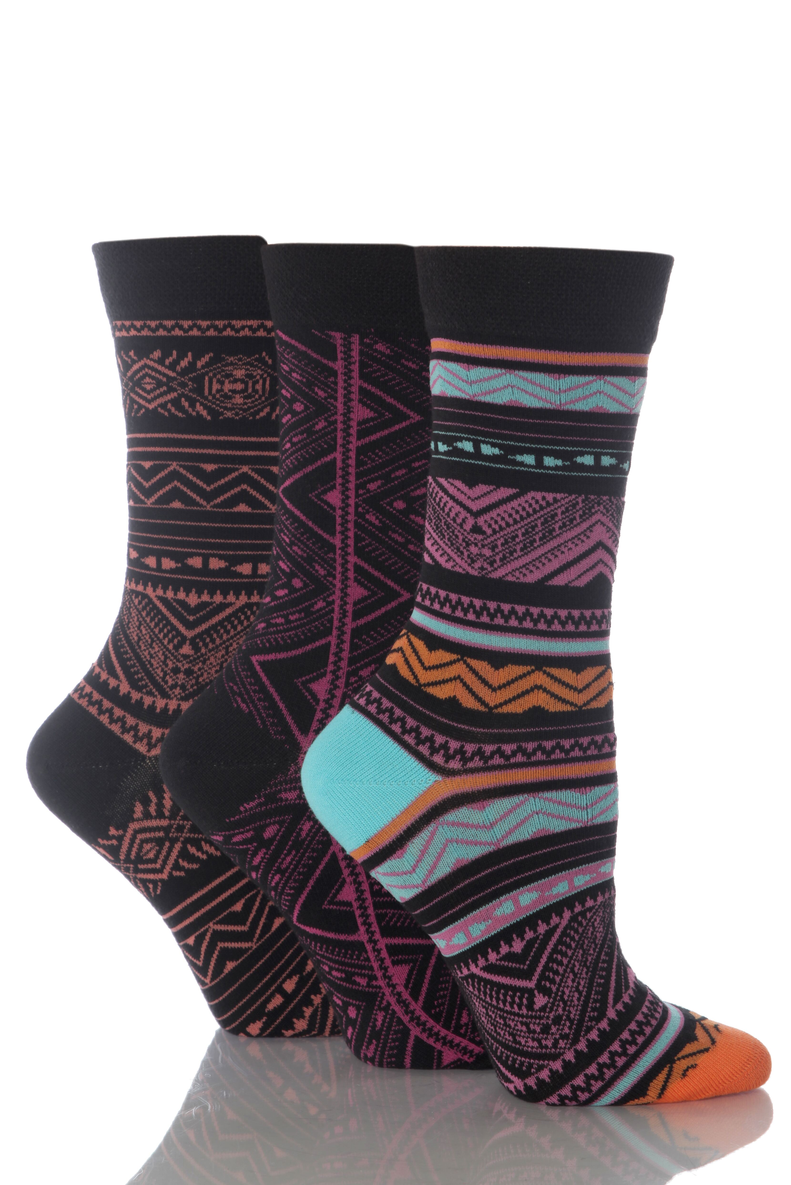 Ladies 3 Pair Elle Patterned Cotton Socks In 6 Colours Purple Tribal ...