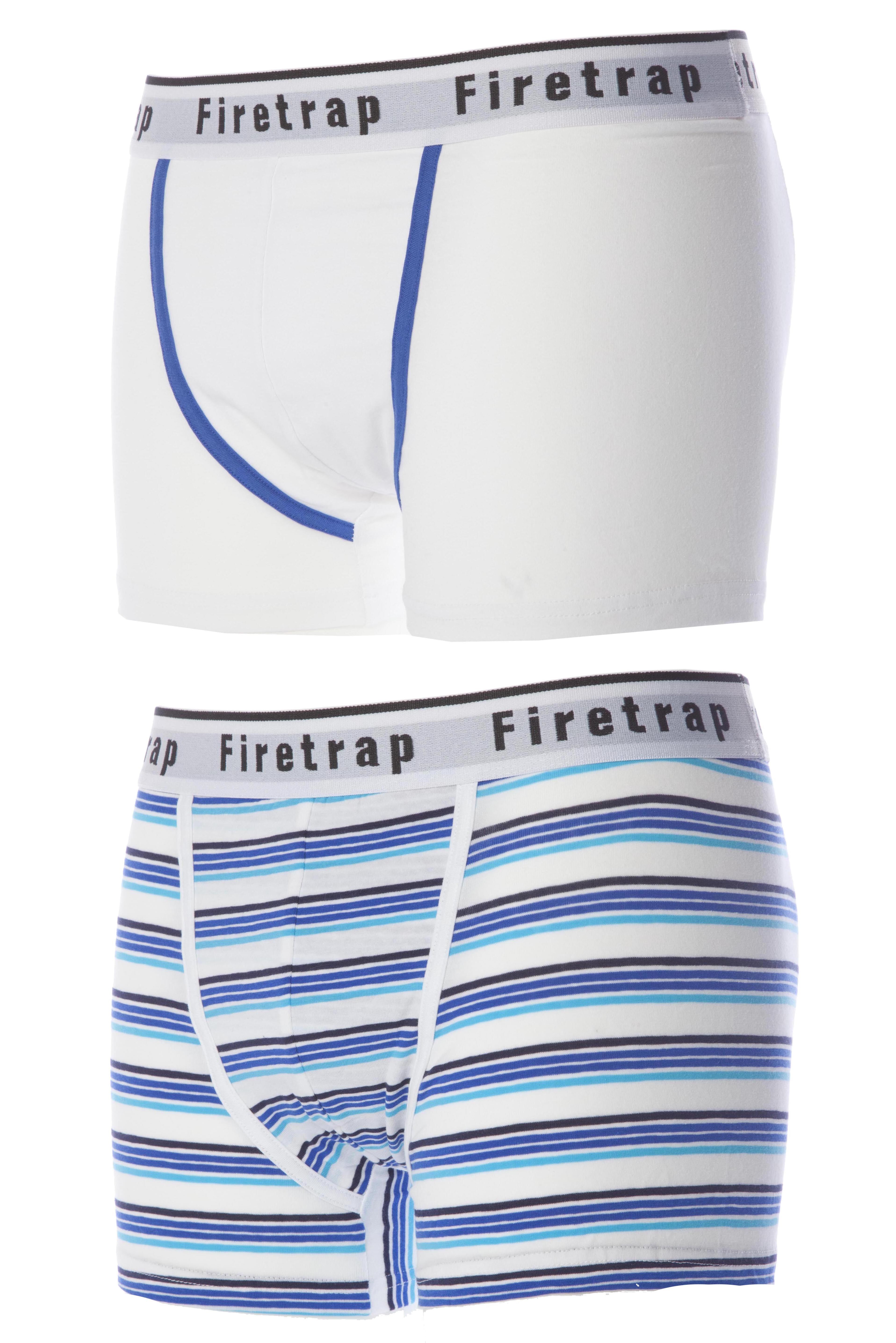 Mens 2 Pack Firetrap Plain & Stripe Boxer Shorts In White & Blue White ...
